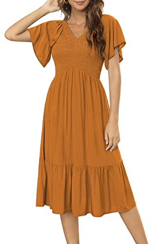 Kranda Women Short Flutter Sleeve V Neck Smocked Solid Pleat Midi Dress Pumkin Spice M