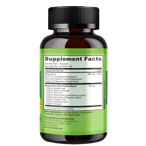 NATURELO Magnesium Glycinate Chelate Complex - 200 mg Magnesium with Organic Vegetables to Support Sleep, Calm, Muscle Cramp & Stress Relief β Gluten Free, Non GMO - 120 Capsules