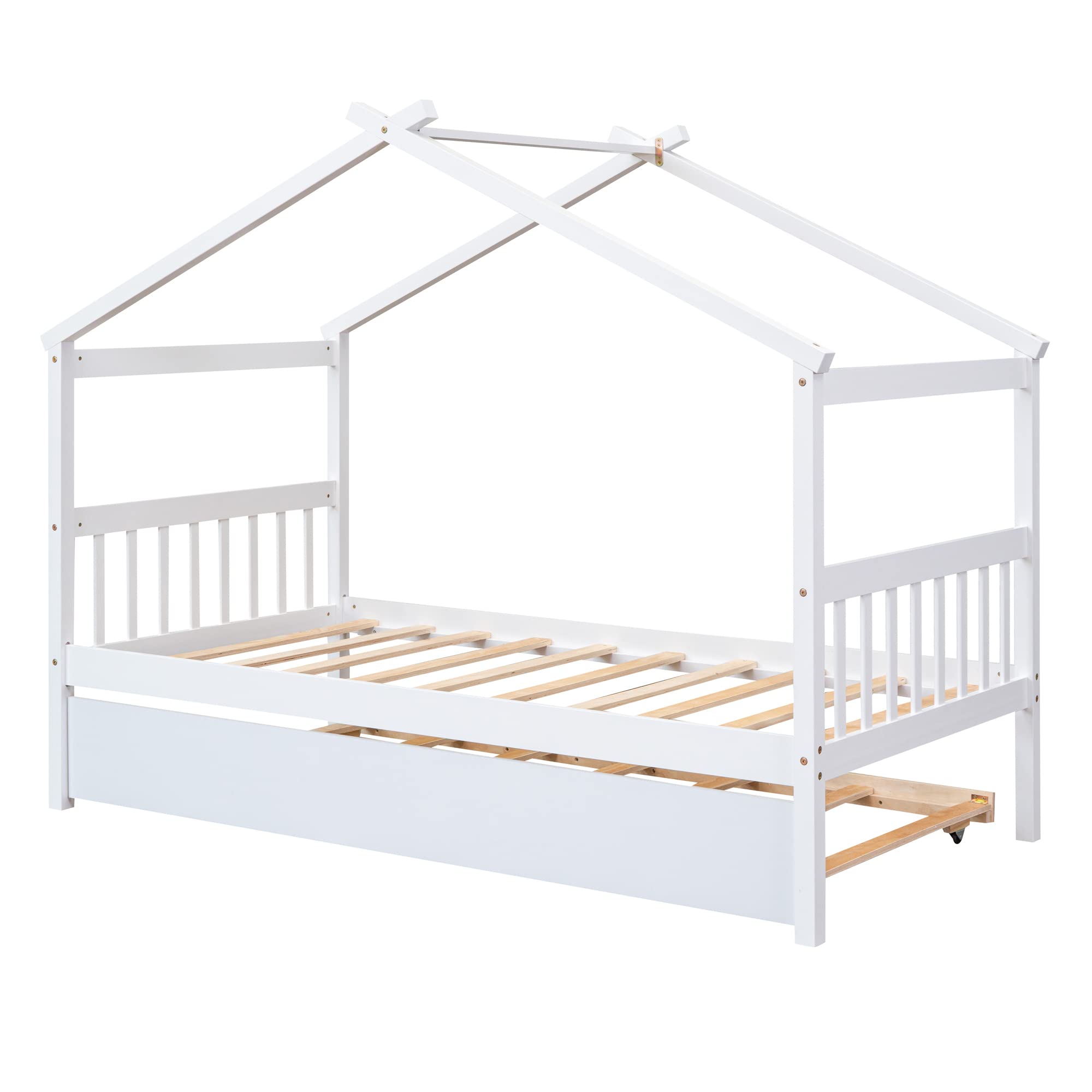 GOWE Twin Size Wooden House Bed with Twin Size Trundle, White