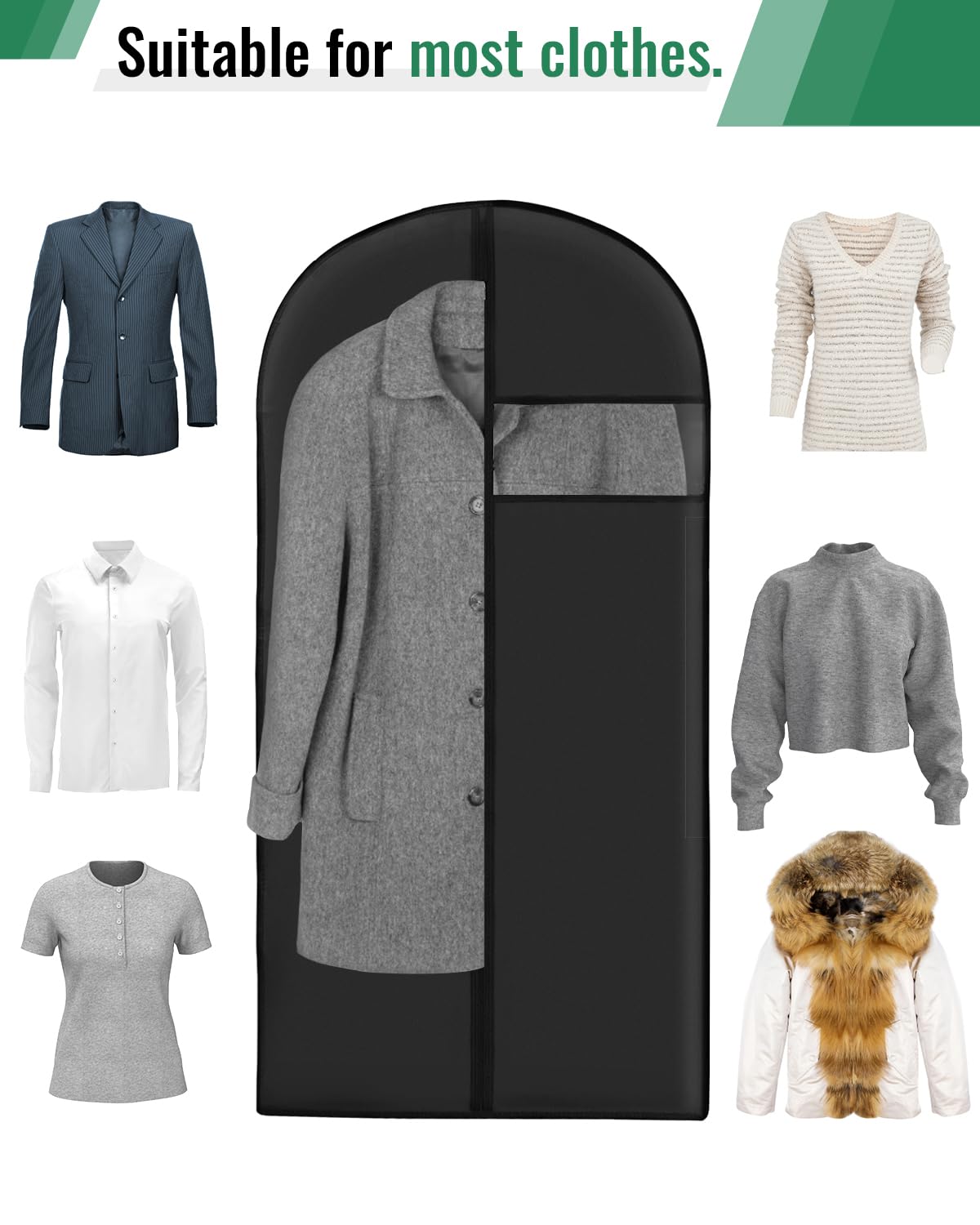 Garment Bags for Hanging Clothes (8 packs,43 inches) Washable Black Suit Bags for Closet Storage and Travel with Clear Window