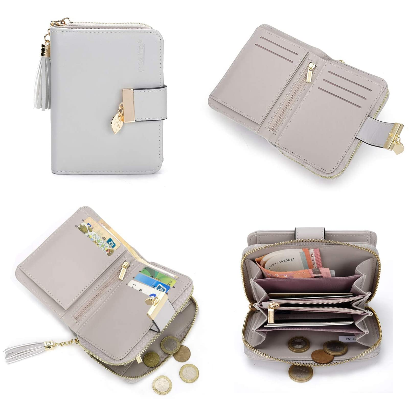 CALIYO Wallets for Women Rfid Blocking Large Capacity Bifold PU Leather Women Wallet Mini Purse with Leaf Pendant (Light grey)