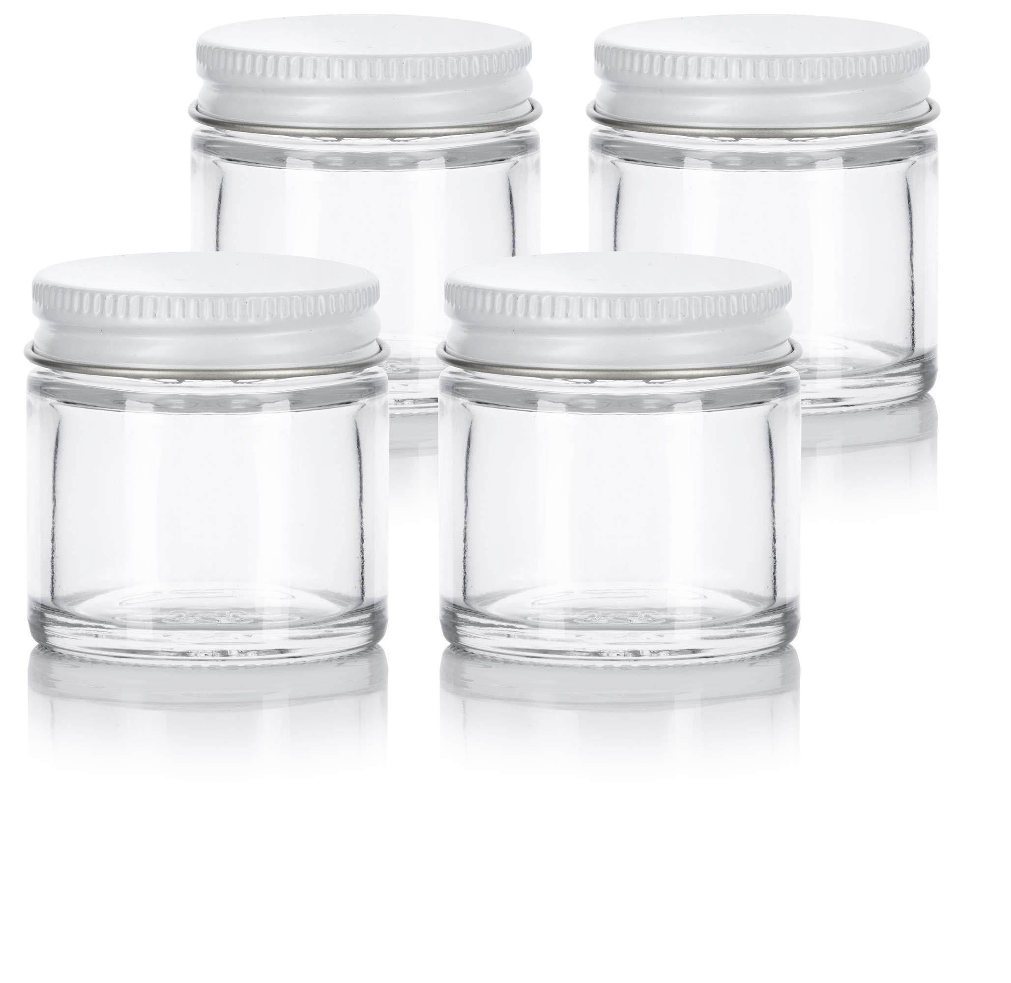 JUVITUS 1 oz / 30 ml Clear Thick Glass Straight Sided Jar with White Metal Airtight Lid (12 Pack)