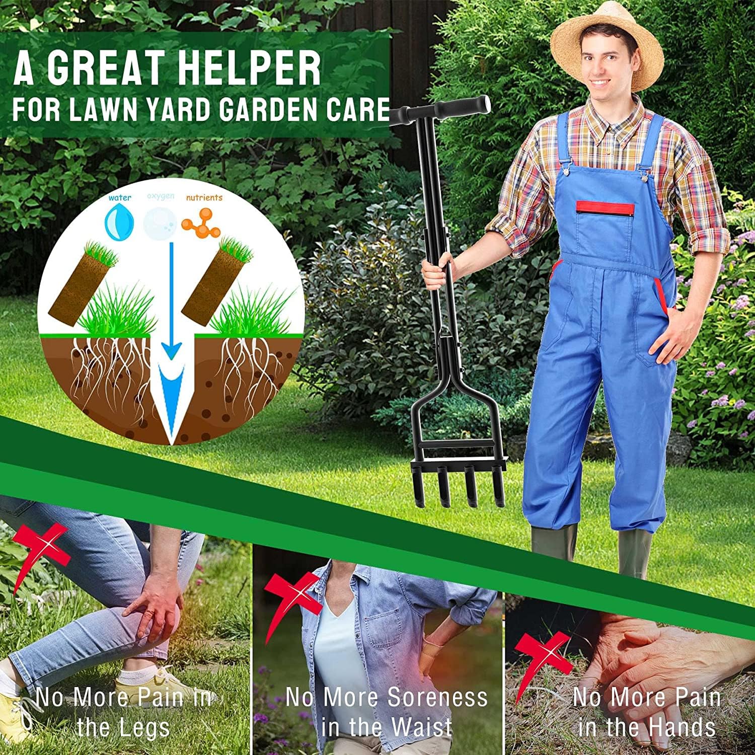EEIEER Lawn Aerator Coring Tool, Manual Plug Core Aerators with Clean Tool, Upgarded Yard Aeration Tools with 4 Hollow Slots for Compacted Soils & Lawns Garden Care-37.6''