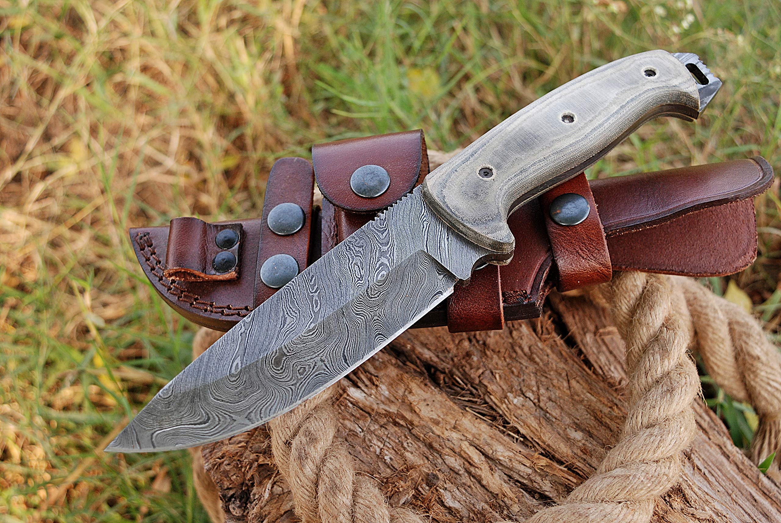 Damascus Bushcraft Knife - Survival Knife, Hand forged Fixed Blade Knife, Camping Knife & Survival Knives, Bowie Knives with Micarta Handle & Leather Knife Sheath