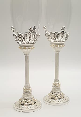 Lassos Boutique Silver Ivory Pearl Crystal Champagne Toasting Flutes, Set of 2