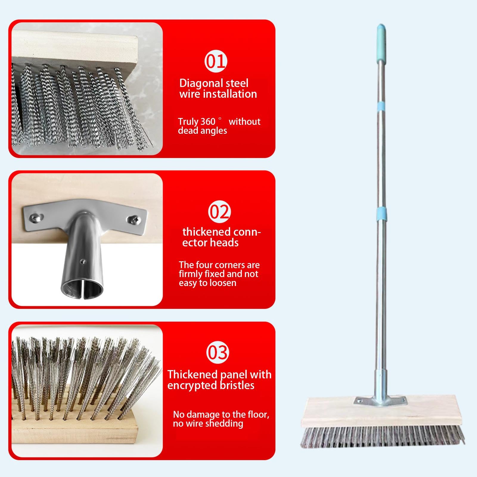 Floor Scrubbing Brush, Stainless Steel Wire Broom Deck Scrub Brush with Long Handle, Scrub Broom Stainless Steel, Stiff Bristle Scrubber Brush with Long Handle for Bathroom, Kitchen, Tile Floors