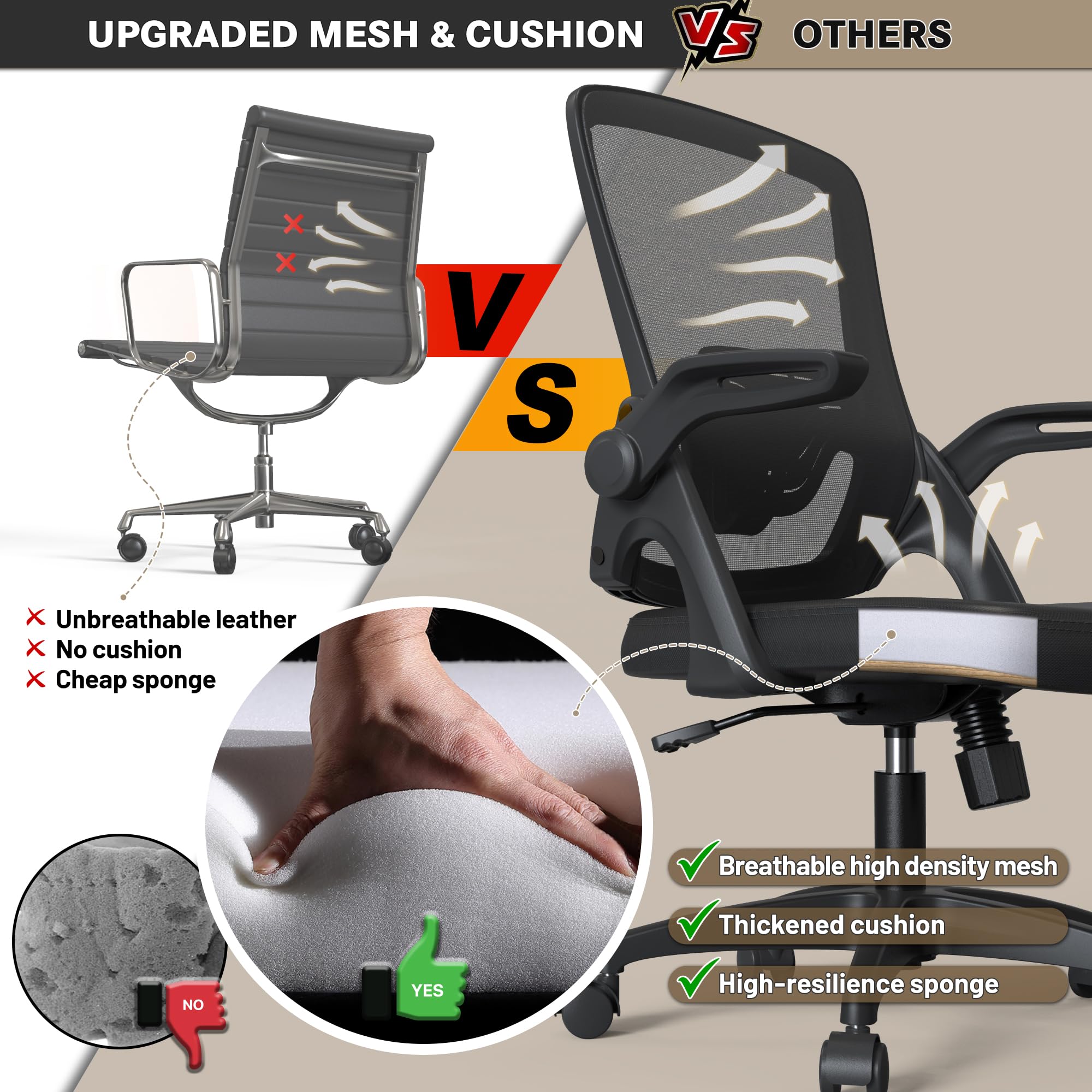 iCoudy Ergonomic Mesh Office Chair Comfy Swivel Home Computer Desk Chair with Flip Up Arms Comfortable Black Modern Computer Chair with Wheels Office Desk Chair with Adjustable Lumbar Support