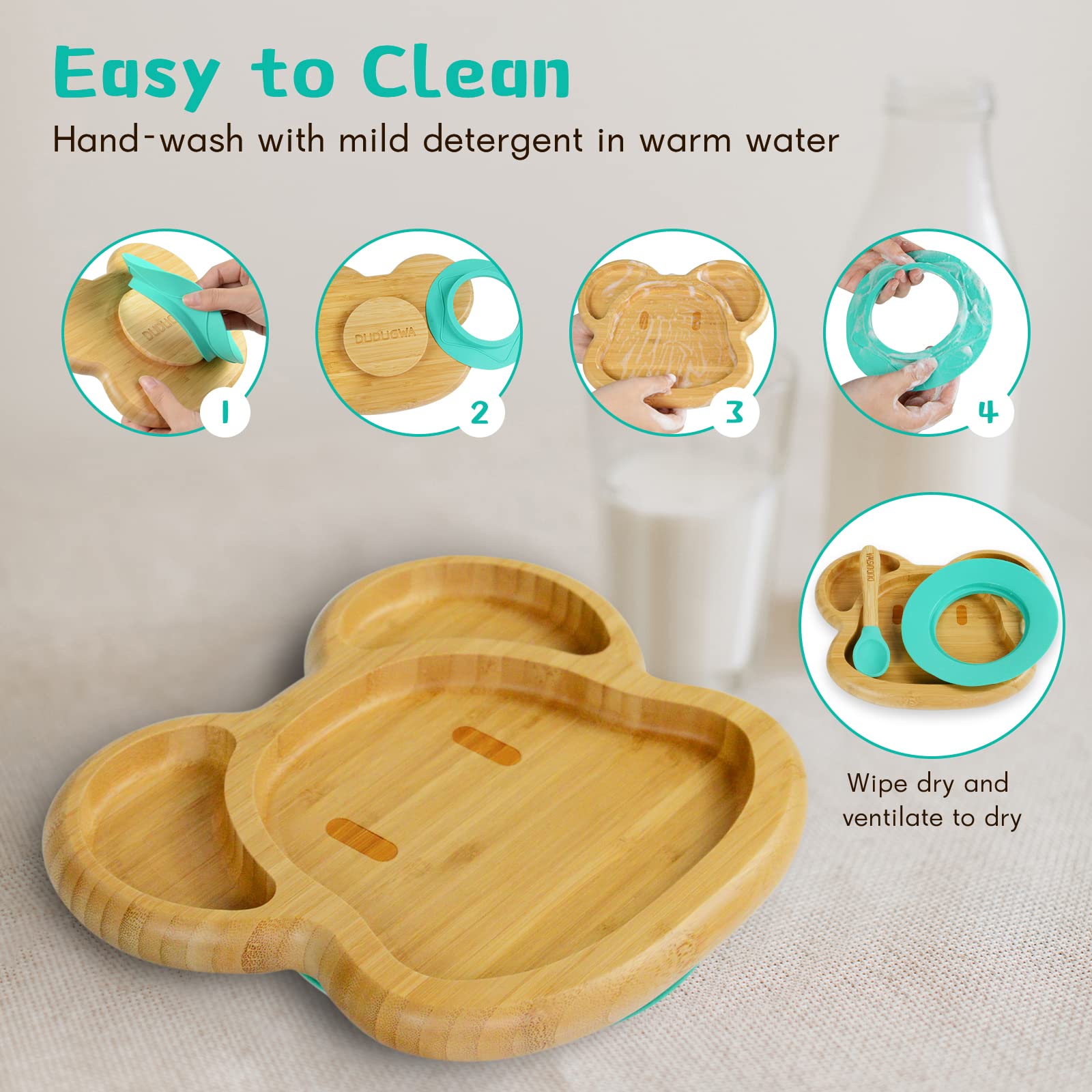 DUDUGWA Bamboo Baby Plates, Bamboo Suction Plates for Babies, Removable Silicone Suction Cup for Kids and Toddlers with Spoon, 6 Months and Older,Bear Plates