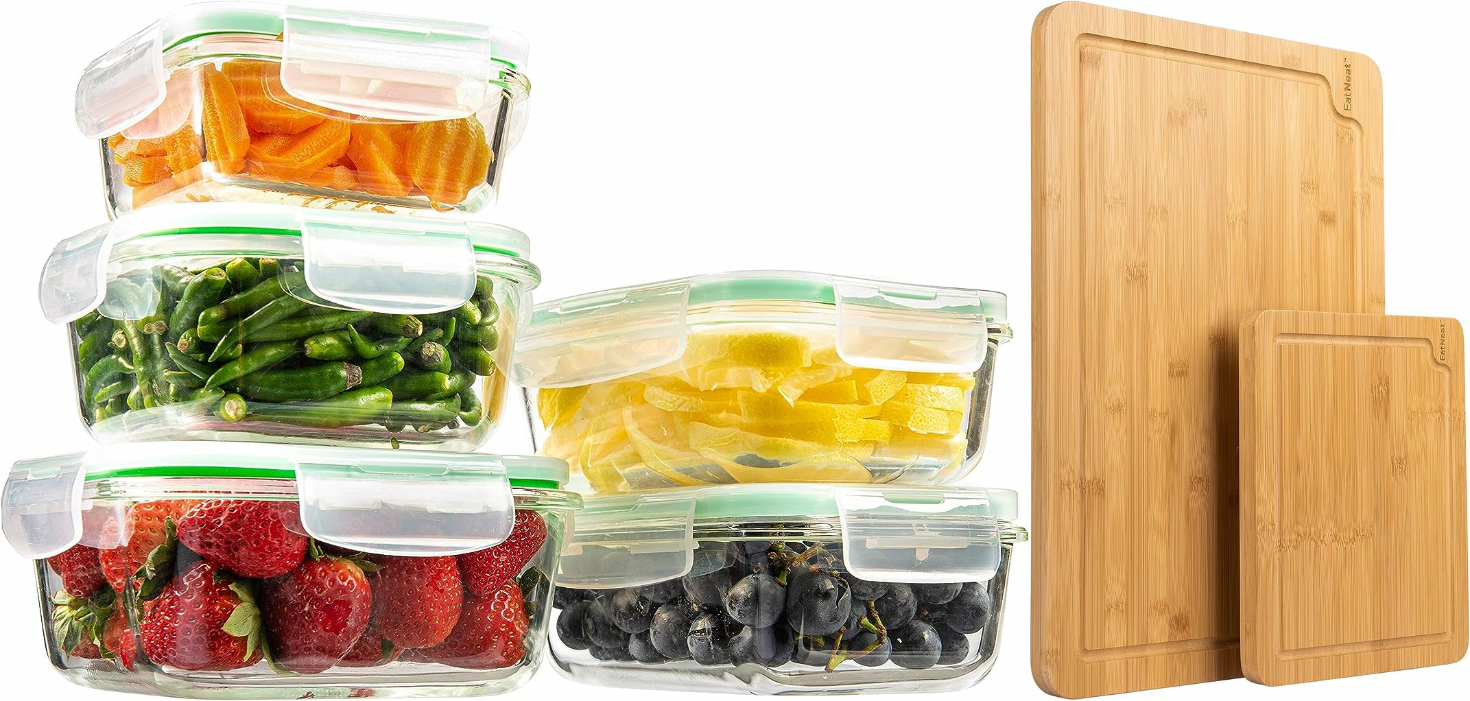 EatNeat 5-Pack of Glass Food Storage Containers with Airtight Snap Locking Lids to Keep Food Fresh Extra Large Bamboo Cutting Board Set