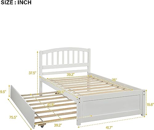 Harper & Bright Designs Twin Bed Frame with Trundle, Twin Bed Frame with Headboard, Wood Twin Platform Bed with Pull Out Trundle for Kids, Guest Room,No Box Spring Needed,White