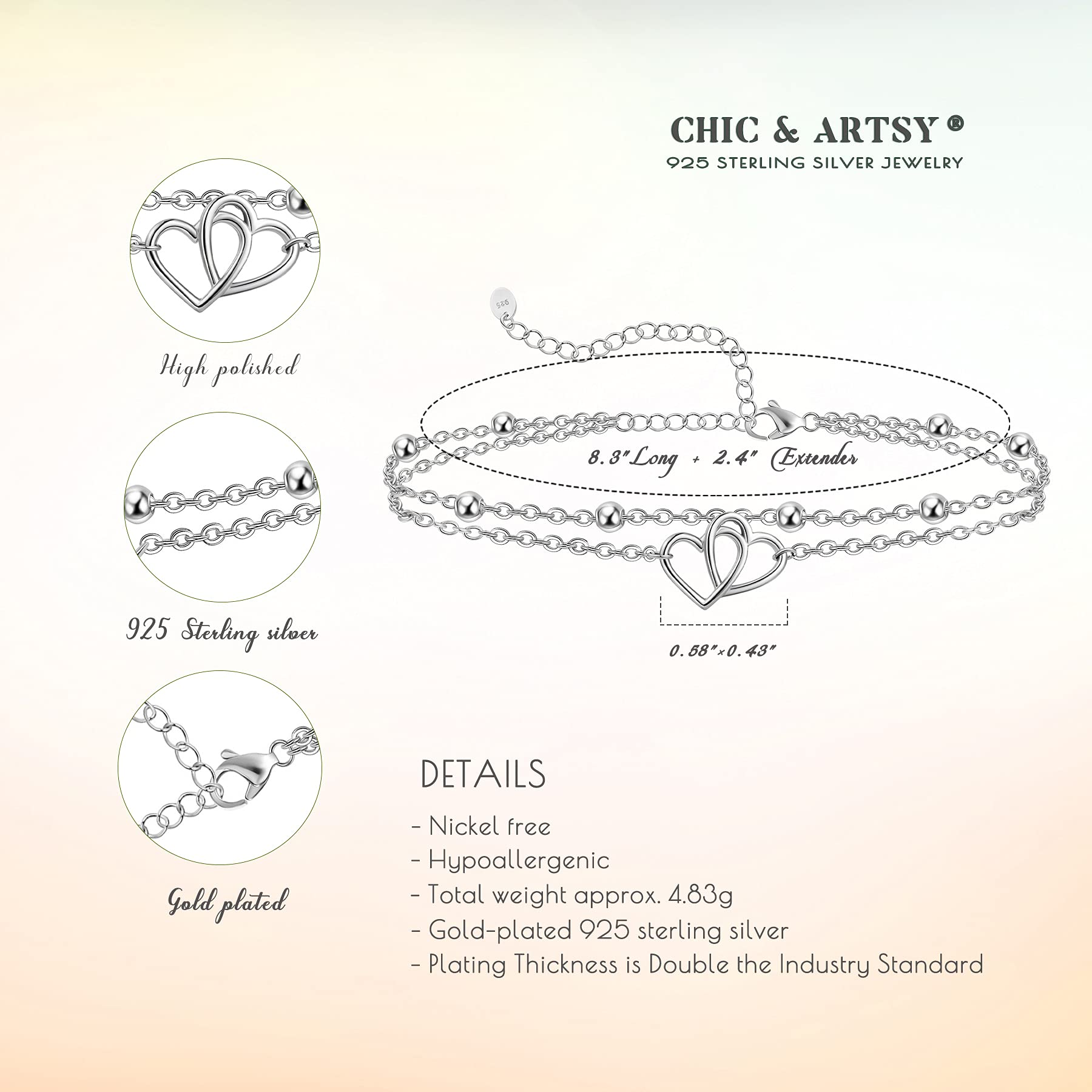CHIC & ARTSY Double Heart Anklet 925 Sterling Silver Heart Anklets for Women Adjustable Layered Beach Anklets 11 Inches Boho Double Chain 2 Heart Ankle Bracelet