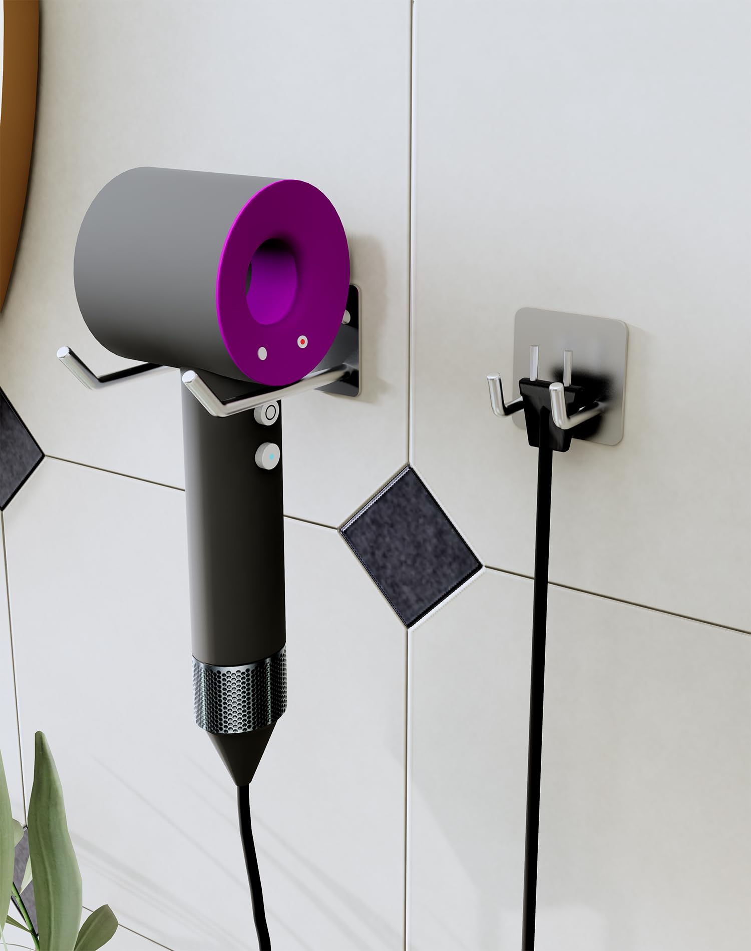 Hair Dryer Rack, Wall Mounted, Stainless Steel, Perforated Mount, Hair Dryer Rack with Plug Hook for Cabinet, Bathroom, Outdoor Hook Solid Stainless Steel