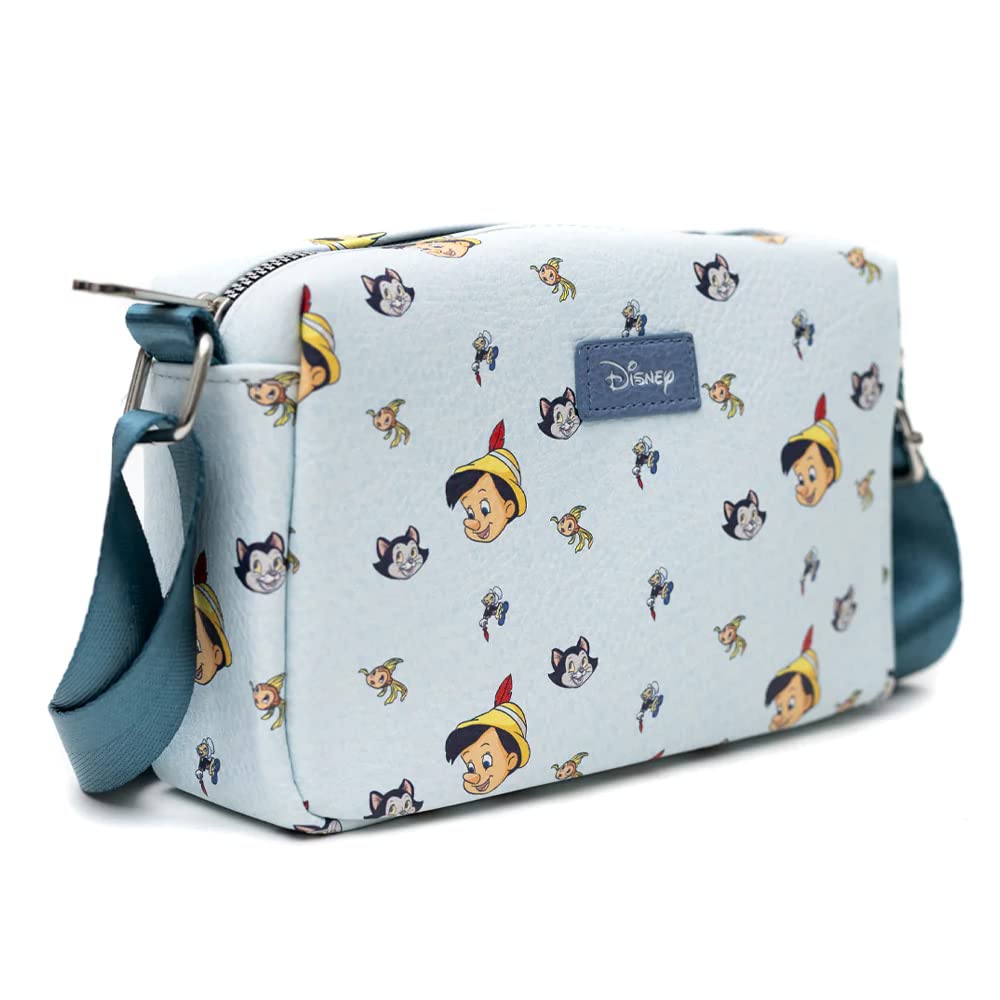Disney Bag, Cross Body, Rectangle, Pinocchio and Friends Face Collage Light Blue, Vegan Leather