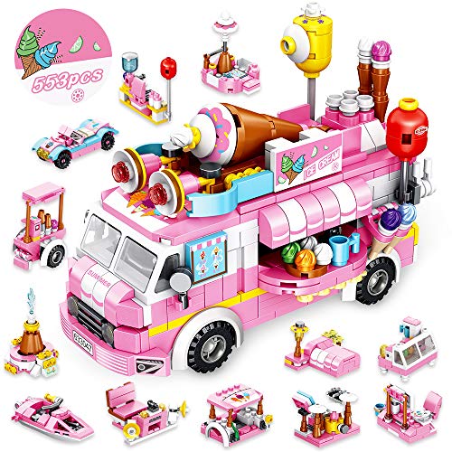 Vatos Girls Building Blocks Toys - 553 Pieces Ice Cream Truck Set Toys for Girls 25 Models Pink Building Bricks Toys STEM Toys Valentines Day Gifts for Kids Girls Age 6-12 and Up