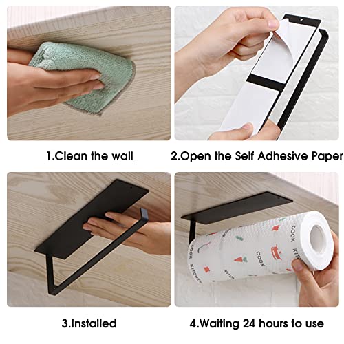 Self Adhesive Paper Towel Holder, Under Cabinet Paper Towel Holder for Kitchen, Stainless Steel Hanging Paper Towel Holder (Black)