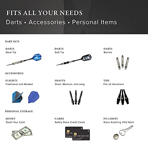 Casemaster Sole Aluminum Slim Profile Dart Case Holds 3 Steel Tip and Soft Tip Darts with Enough Space to Keep Flights in Shape, Features Built-In Pockets for Other Accessories,Black