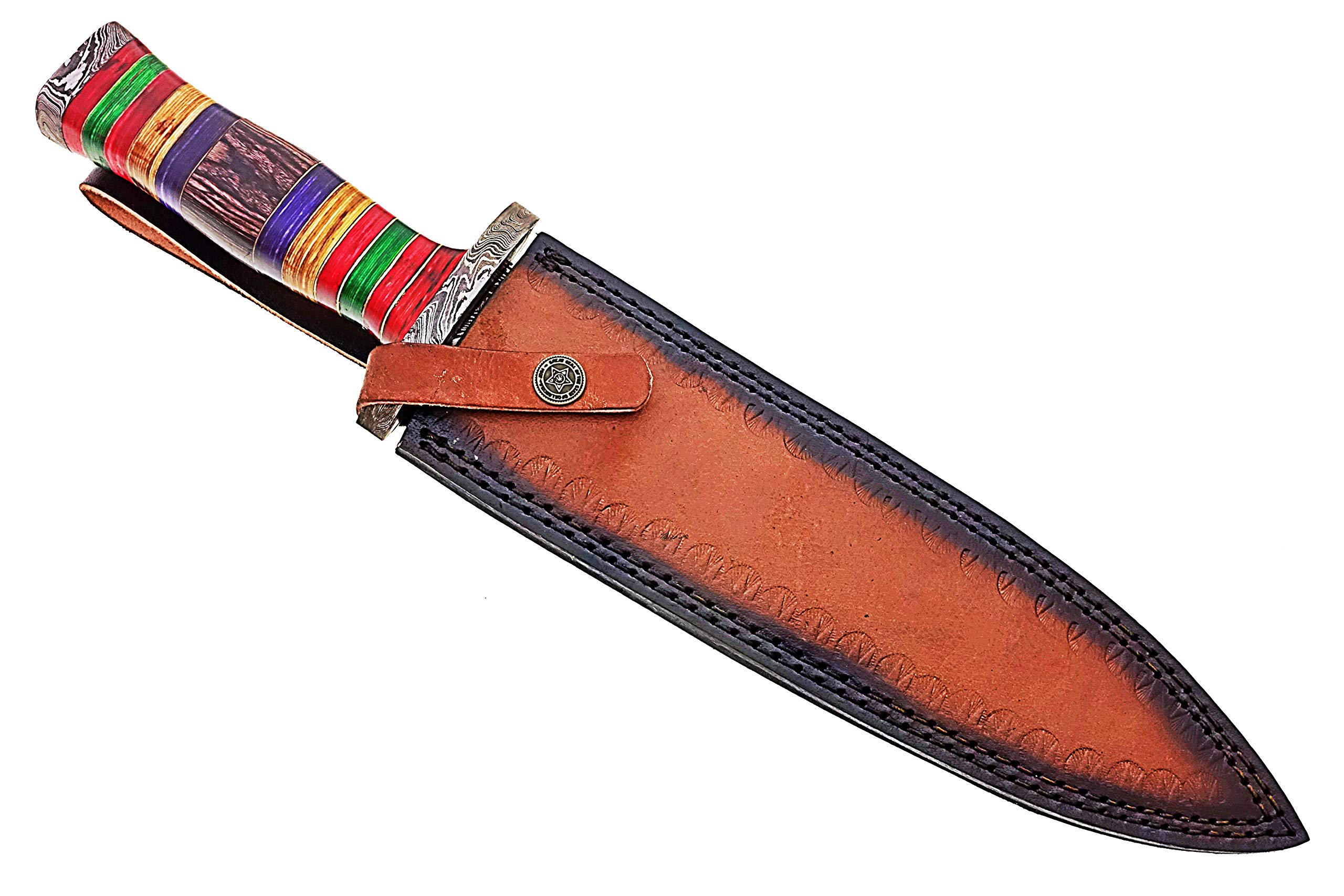 Damascus Steel Hunting Knife - Fixed Blade Knives with Sheath - Firm Grip Handle Made of Rose Wood (MD)