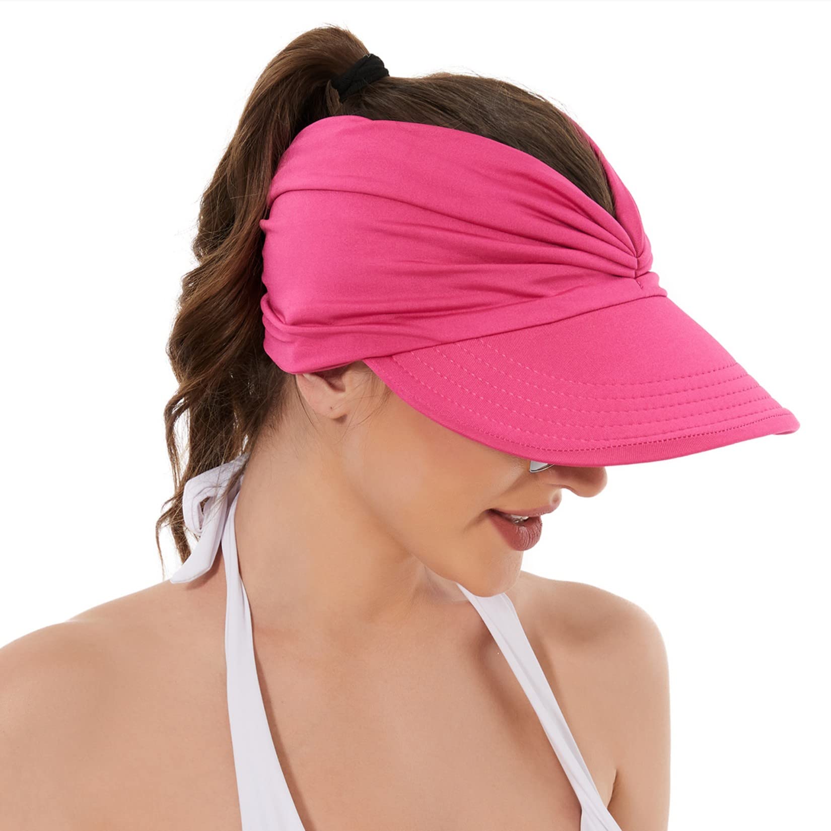 Century Star Sun Visor Hat for Women Wide Brim Sun Hats UPF 50+ UV Protection Summer Foldable Ponytail Beach Hats Z Rose Red One Size