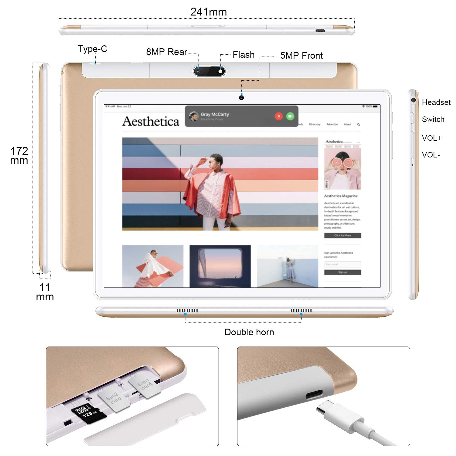 DUODUOGO Android Tablet 10.1 inch 32GB 8-Core 8000mAh 1920 * 1200 HD Tablets, 128GB Expand,Dual Camera,Dual 4G Cellular Tablet,FM,GPS with WiFi Bluetooth GMS Tabletas