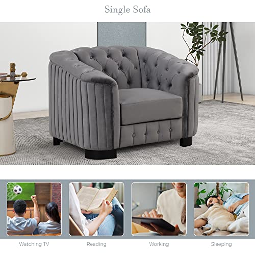 Merax Velvet Upholstered Accent Sofa with Thick Removable Seat Cushion, Modern Single Couch Chair for Living Room, Bedroom, or Small Space, Grey