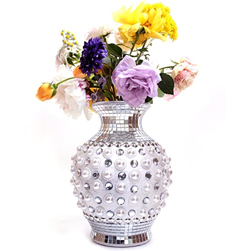 Serdic Modern Ceramic Vase Inlaid with Beads and Rhinestones, Shiny Silver Flower Vase for Home Decor, Decorative Vase for Table Centerpiece,Kitchen,Living Room,Bedroom,Vintage Flower Vase Gift,20 cm