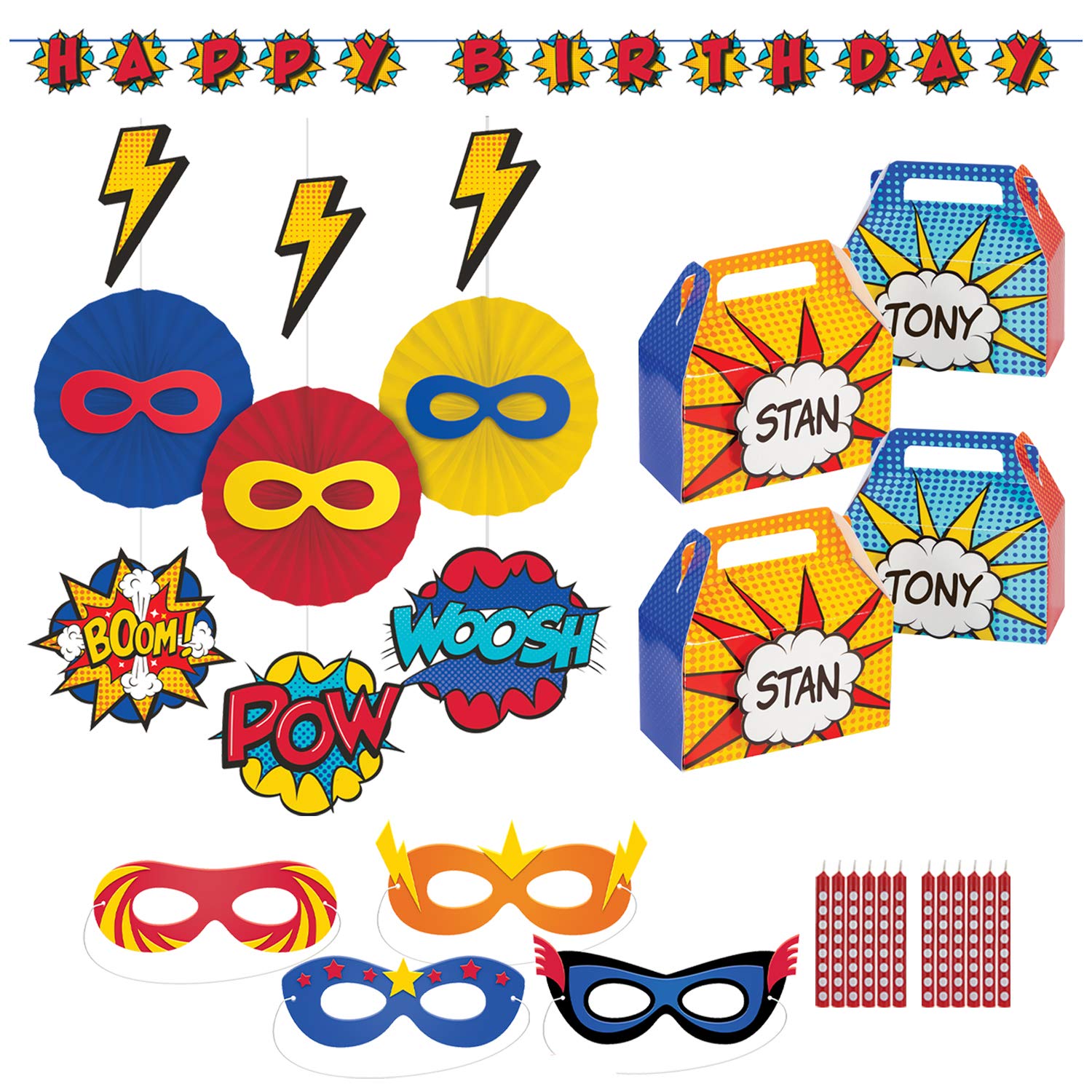 Creative Converting Superhero Party Decor Bundle | Hanging Decoration, Banner, Masks, Treat Boxes, Candles | Hero Birthday Supplies, Kids Heroes Decorations