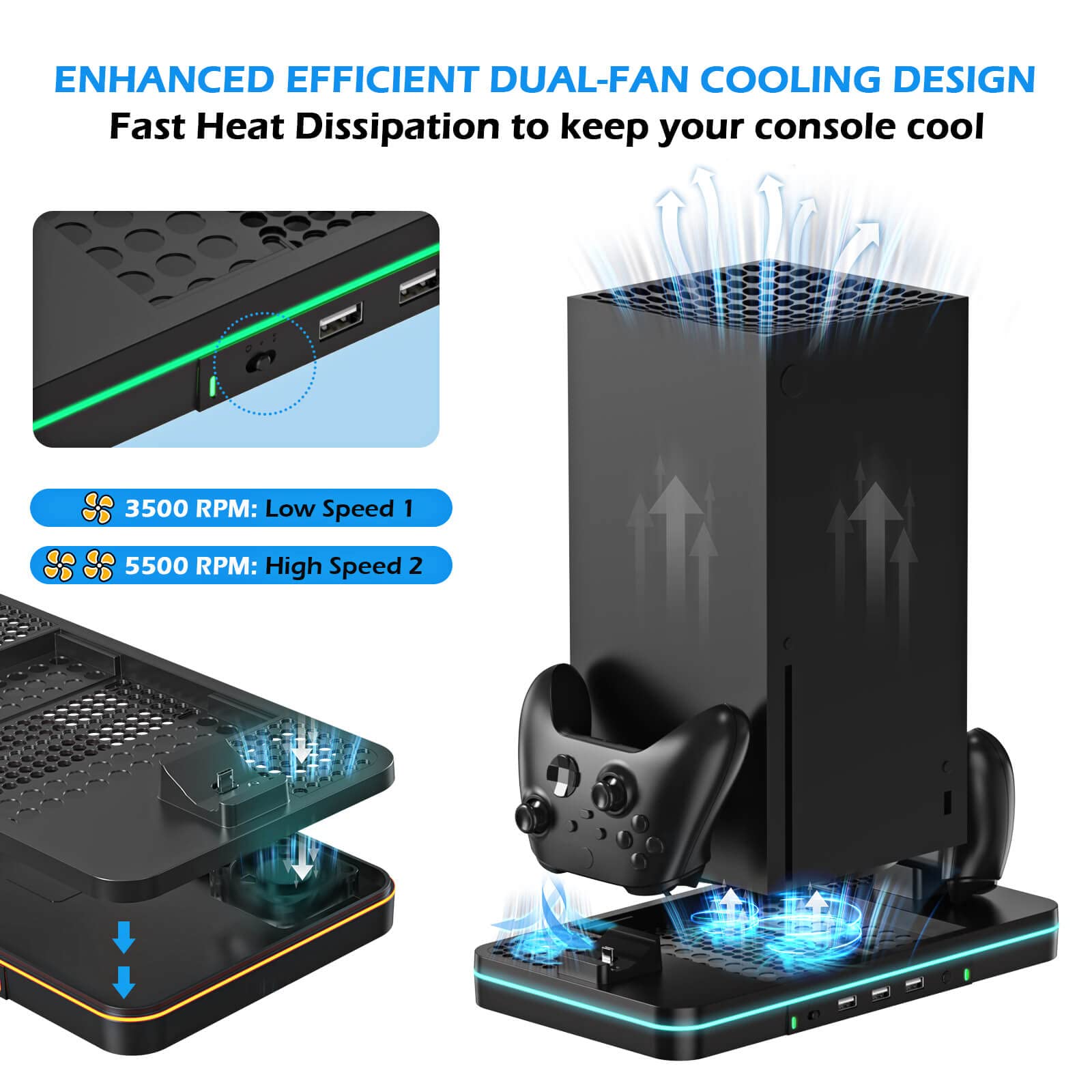 Cooling Fan Charging Station for Xbox Series X/S, Fast Charging Stand Dock Dual Controller Charger Station with 3 USB Ports, Cooling Stand Fan Cooling System for Xbox Series X/S Accessories