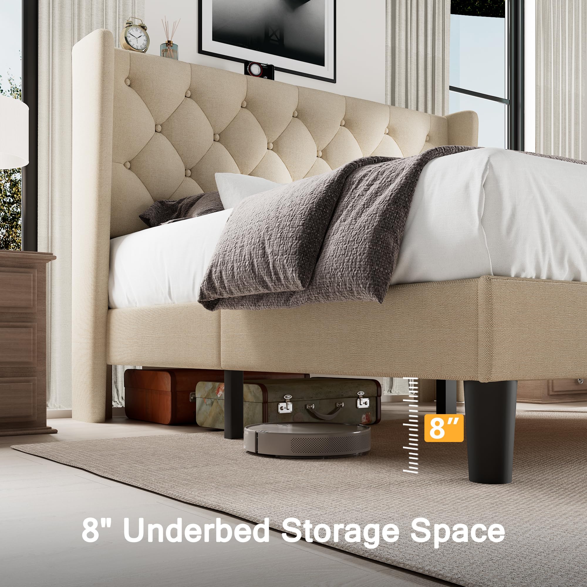 Einhomn Upholstered Queen Bed Frame with Wingback Headboard, Heavy Duty Bed Frame Queen Size, 8" Under Bed Storage, No Box Spring Needed, Easy Assembly, Beige