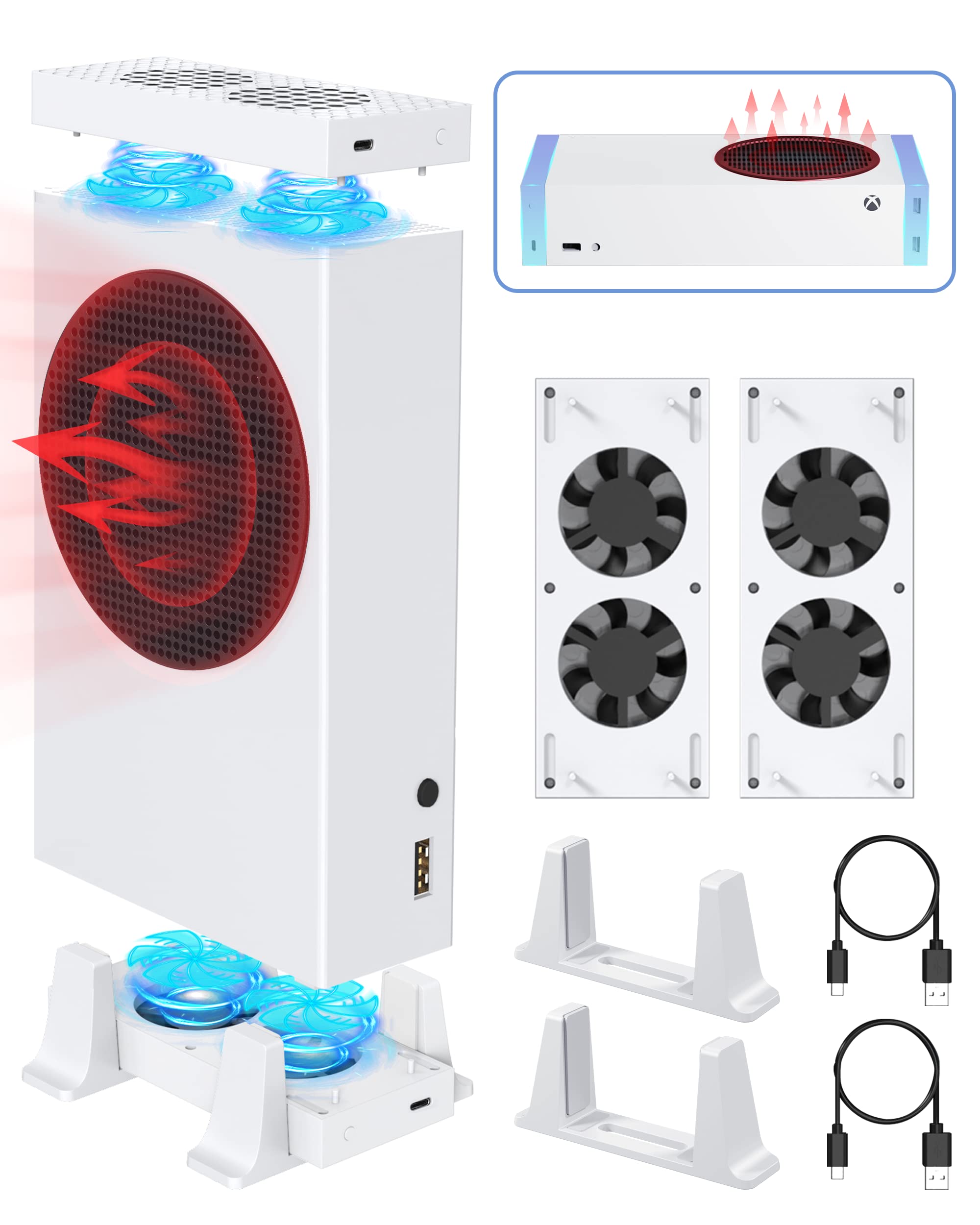 Cooling Fan for Xbox Series S, Wiilkac FOUR Console Fan Cooling System, Fan for Xbox Series S with 3 Level Adjustable Speed & 4 Extra USB Ports, Top and Bottom Cooling Stand for Xbox Series S