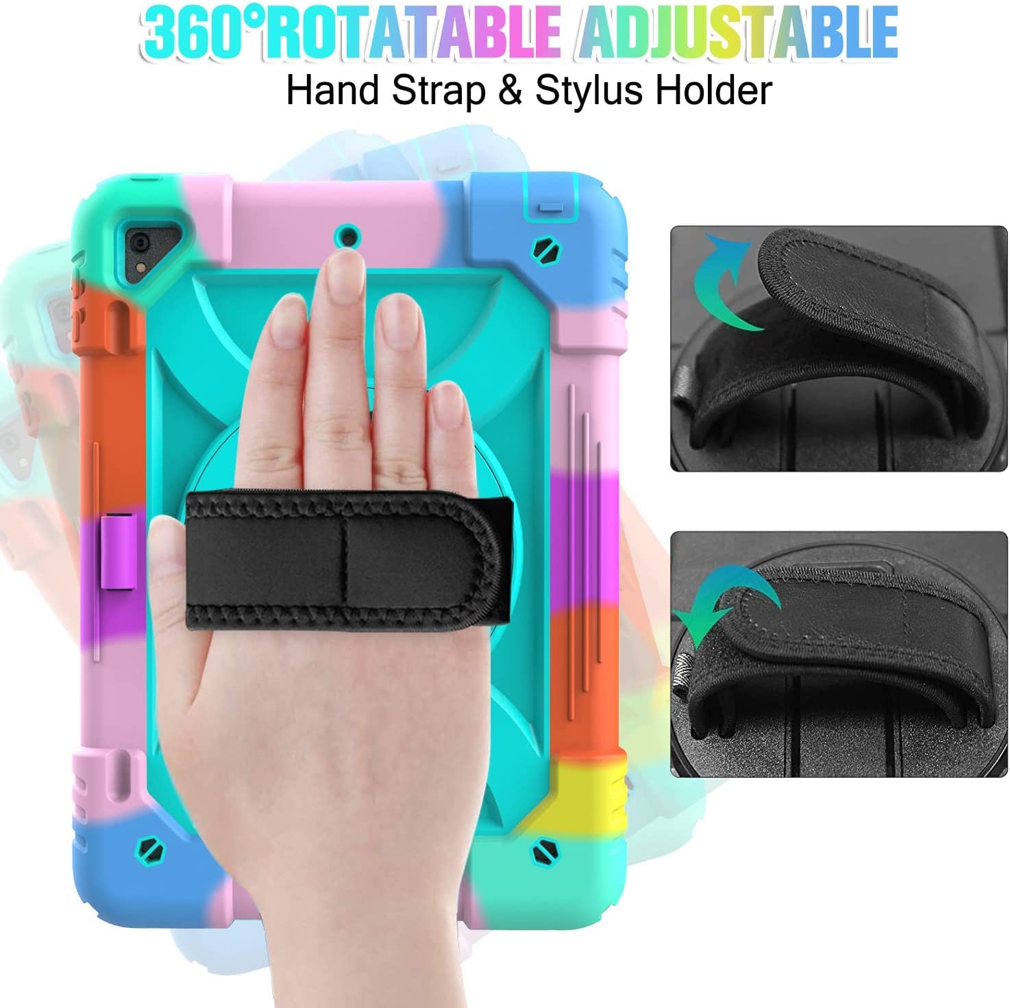 eTopxizu Rugged Case for iPad 9.7 Inch 2018/2017, 3 Layer Hybrid Shockproof [360 Rotating Stand] [Hand Strap] [Pencil Holder] Kids Case, iPad 6th Generation Case, iPad 5th Generation Case, Turquoise