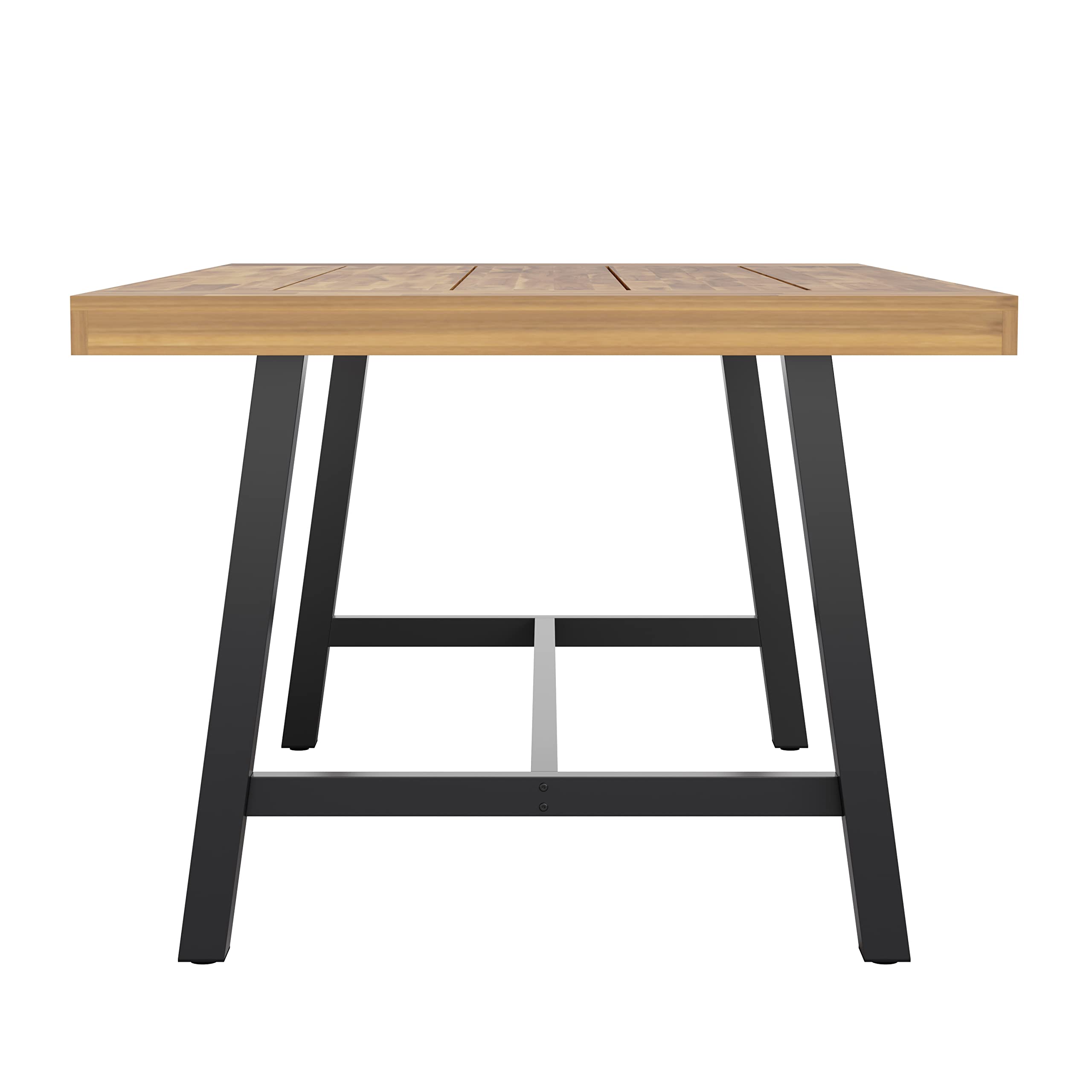 Flash Furniture Rafe Commercial Grade Acacia Wood Dining Table with Metal Base, Indoor/Outdoor Rectangle Patio Table with Plank Style Table Top, Natural/Black