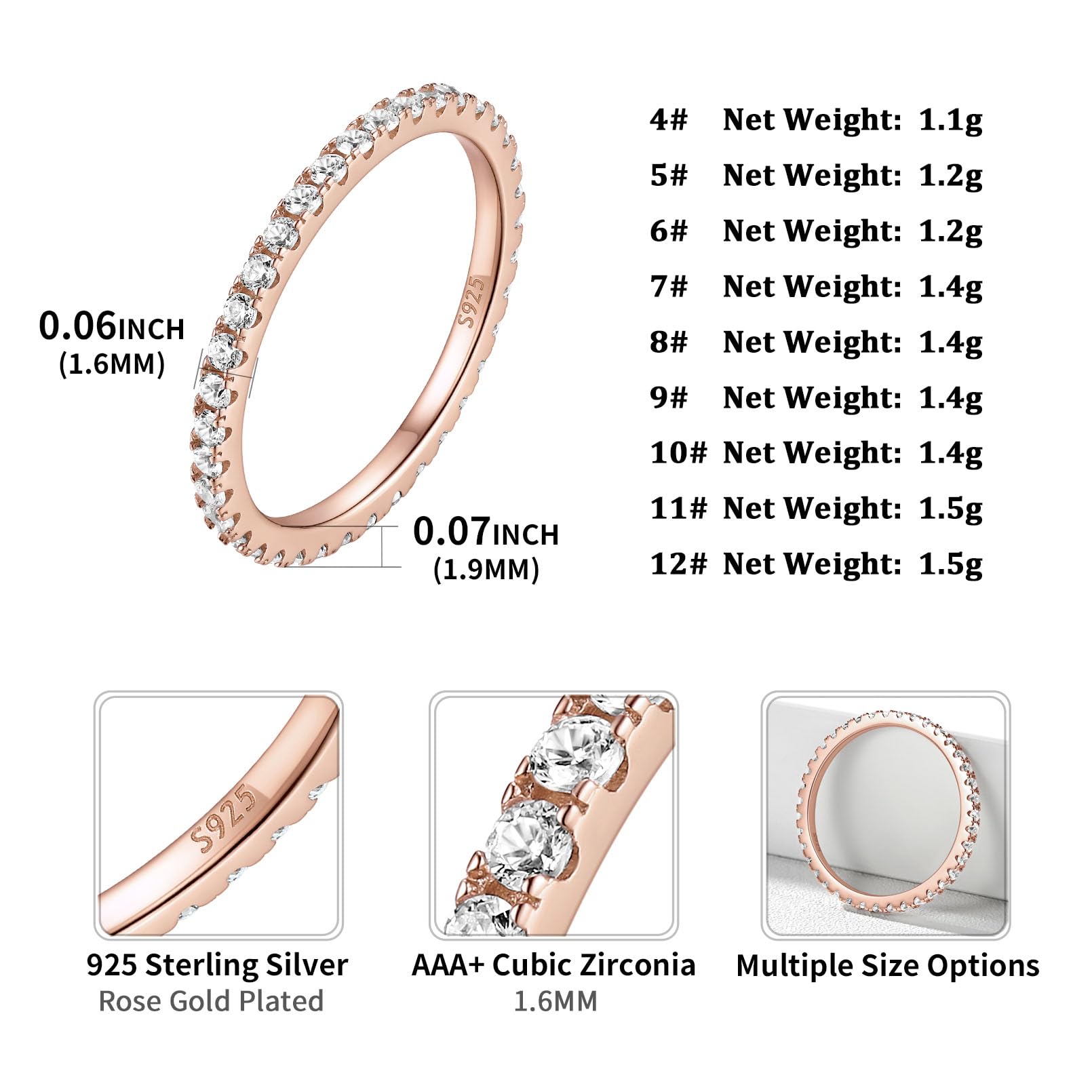 ChicSilver 2MM Rose Gold Plated Sterling Silver CZ Cubic Zirconia Stackable Engagement Ring Simulated Diamond Eternity Wedding Band for Women Size 7