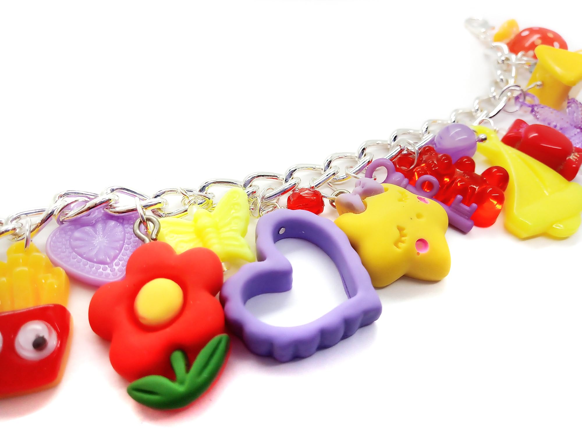 Chunky Charm Bracelet in Red Yellow & Purple, Kawaii Cha Cha Bracelet with Cute Candy Ice Cream Flower and Heart Charms, Adjustable