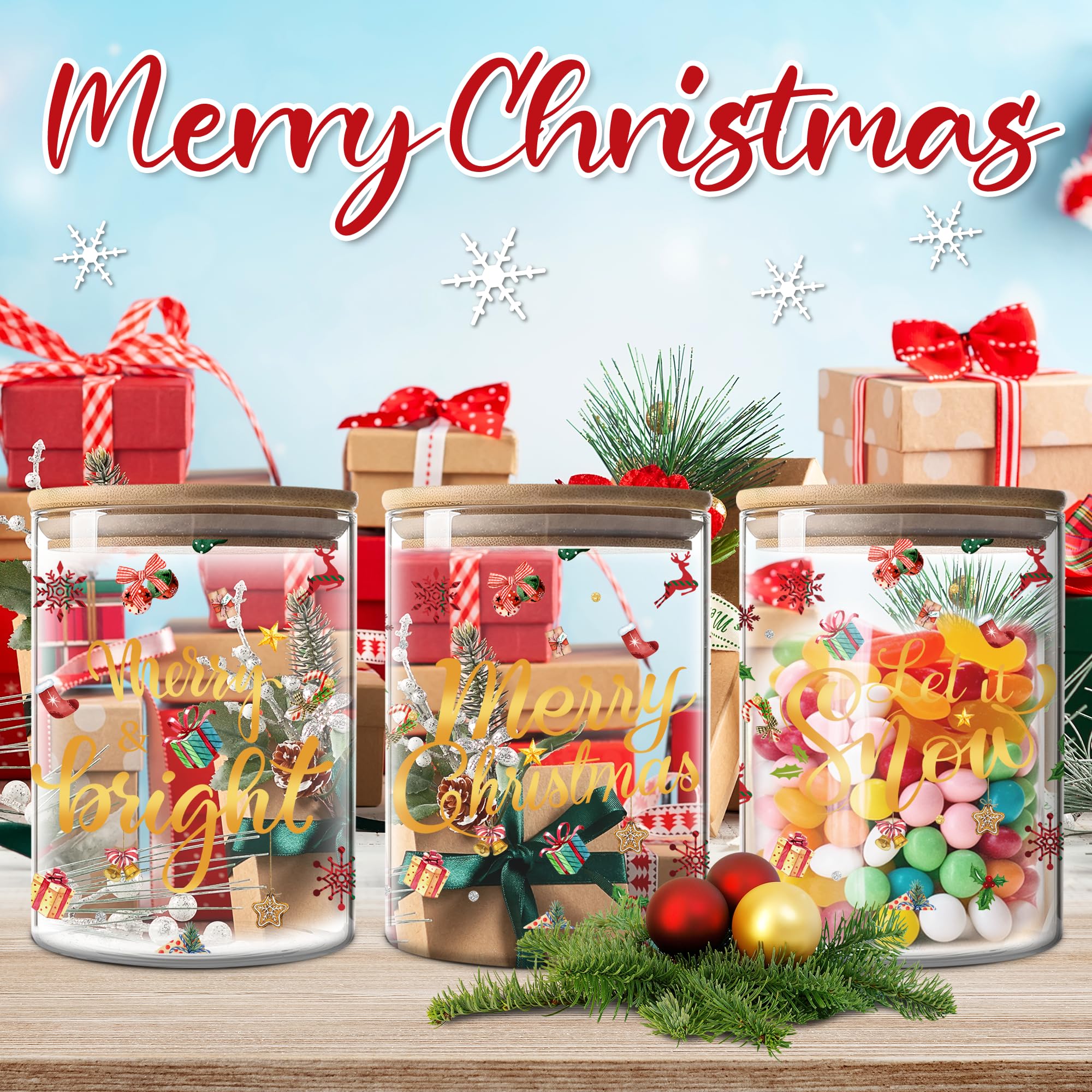 Christmas Decor 3 Pack Glass Storage Jars with Airtight Bamboo Lid - Merry Christmas Canisters Sets for Kitchen Countertop - Clear Christmas Glass Storage Jars for Coffee Bean, Cookie, Candy, Tea