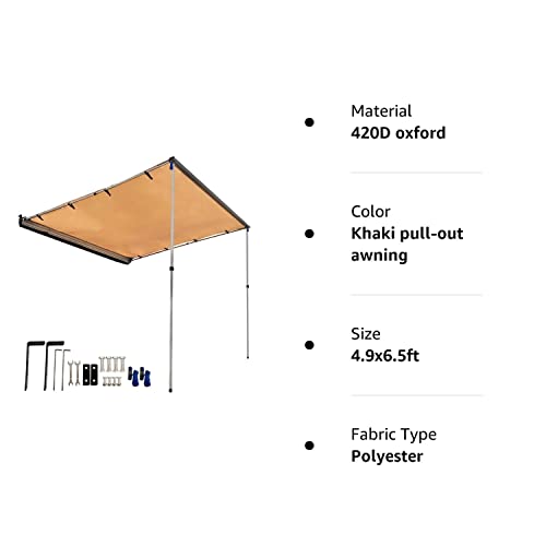 DANCHEL OUTDOOR Car Awning Pull-Out Roof Rack Vehicle Awning UPF50+ Sun Shelter Canopy for SUV Truck Camper Overland Camping, 4.9x6.5ft Khaki