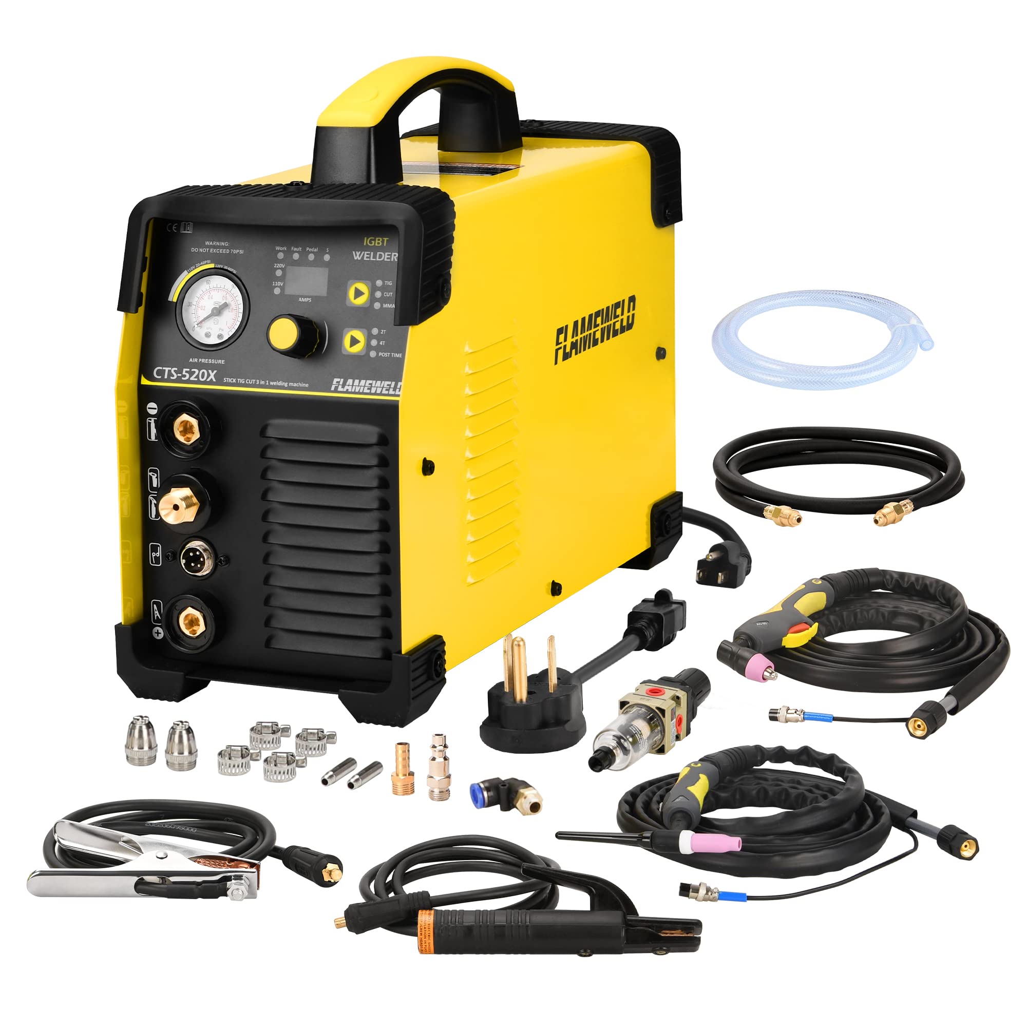 Flameweld 3 In 1 Plasma Cutter Welder Machine - CTS520X Cut Tig Stick Dual Voltage 110/220V, 50Amps Plasma Cutter, 200Amps TIG Welder, 200Amps Stick Welder, 60% Duty Cycle 50/60Hz