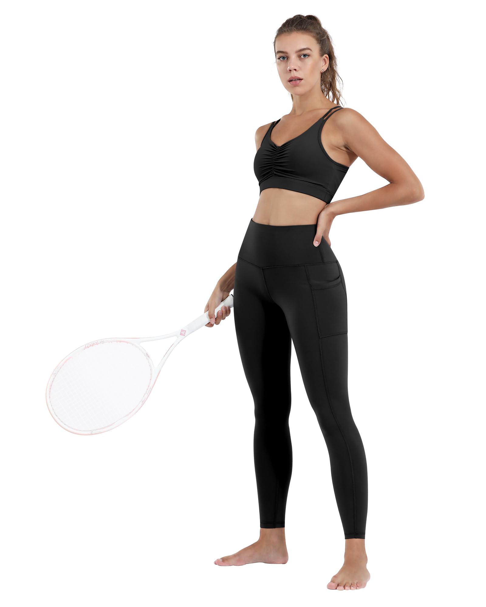 CHRLEISURE Leggings with Pockets for Women, High Waisted Tummy Control Workout Yoga Pants(3Packs 3Black, L)