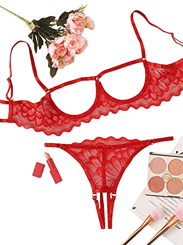 Lilosy Women's Sexy Underwire Floral Lace Sheer Lingerie Set See Through Bra and Panty 2 Piece Red Medium