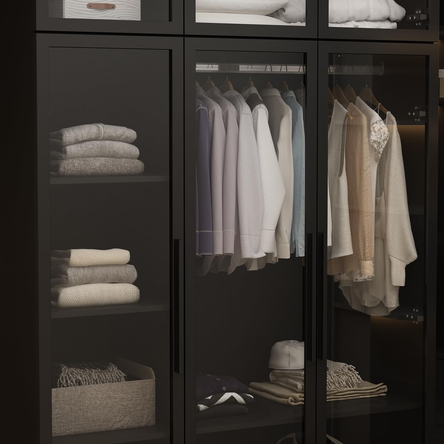 Hitow Wardrobe Cabinet with LED Light Strips, Modern Armoire Closet with Glass Doors, 59.1" W Large Bedroom Armoire Clothes Organizer with Shelve & Hanging Rods, Modern Glass Display Cabinet, Black