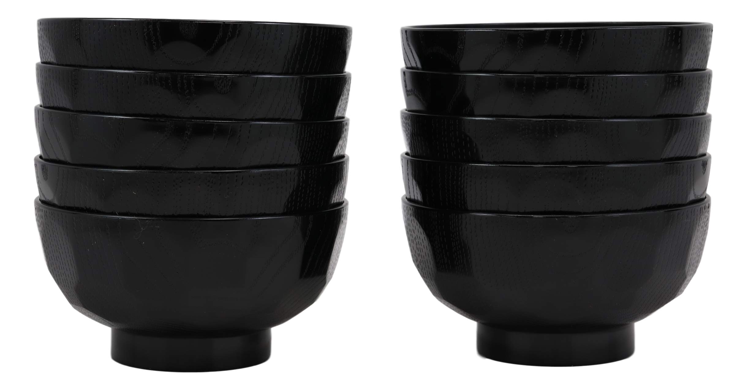 Ebros Gift Japanese Contemporary Black Lacquer Ridged Bowls For Rice Miso Appetizer Soup 4.5" Diameter Made In Japan Decorative Bowl Set of 10 Lacquered Serveware For Restaurants Home Kitchen Gifts