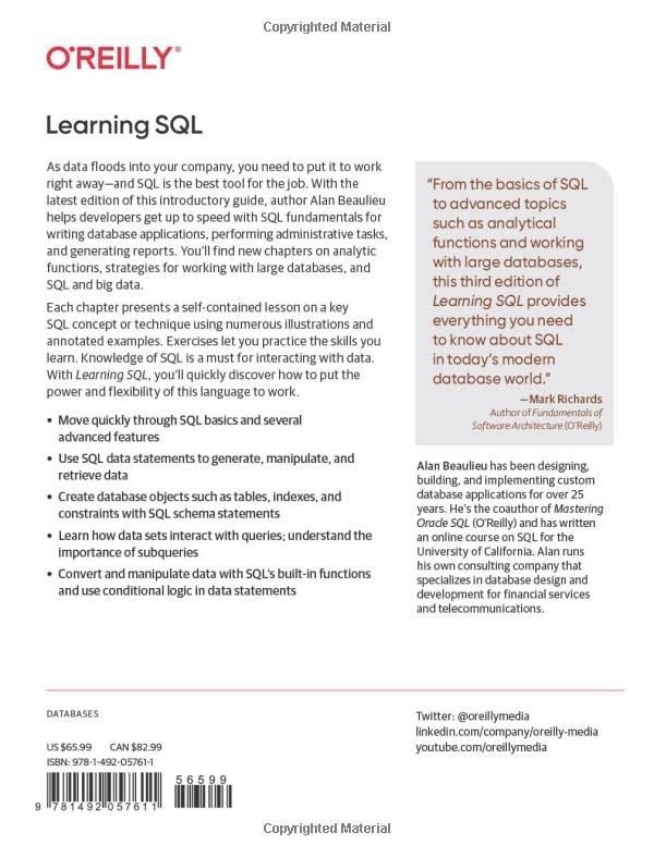 Learning SQL: Generate, Manipulate, and Retrieve Data