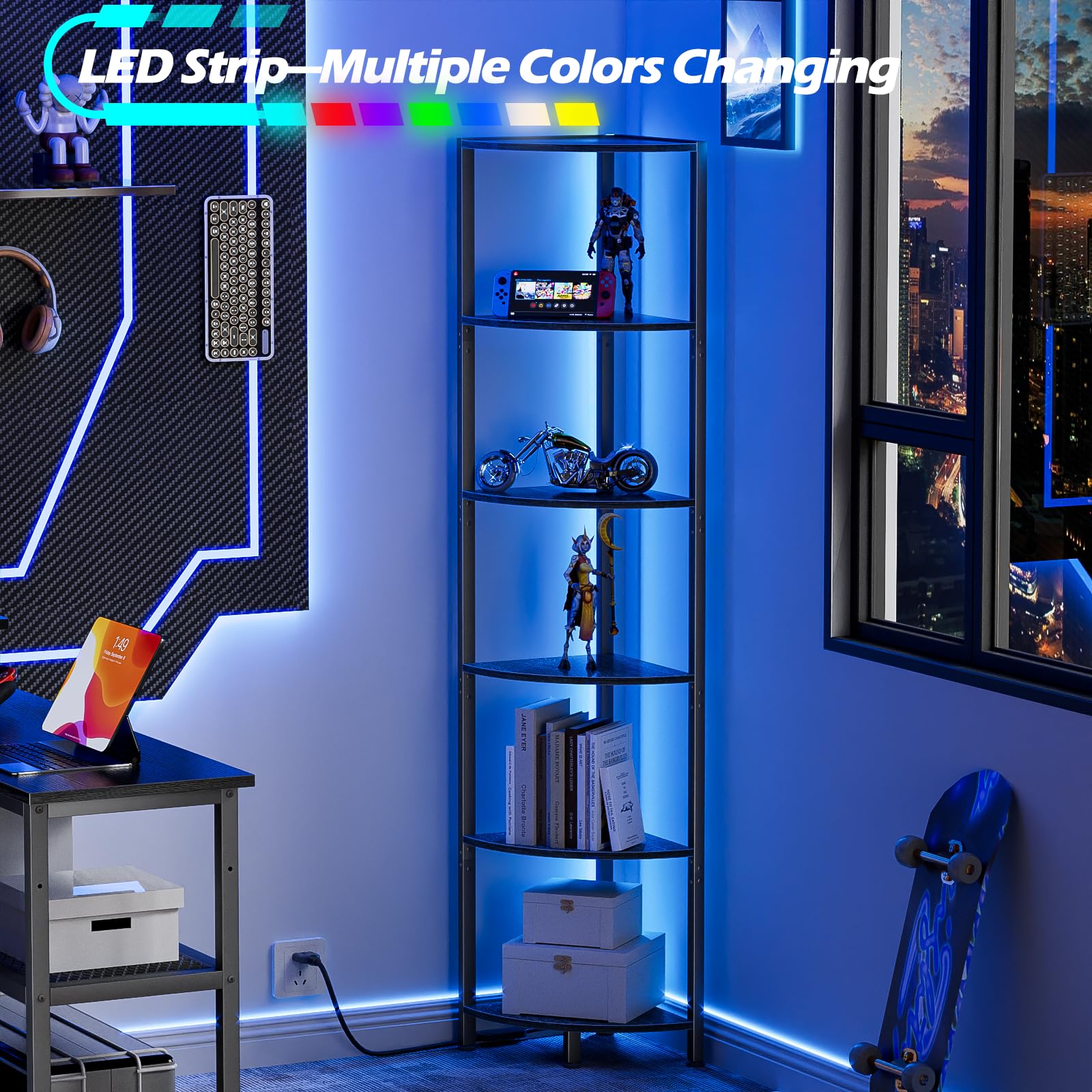 Furnulem 6 Tier Corner Shelf with LED Light, 67.5β Tall Standing Shelf Organizer, Black Narrow Bookshelf with Storage Rack for Wall Corner, Living Room, Bedroom, Metal Frame, Wood Display Shelf