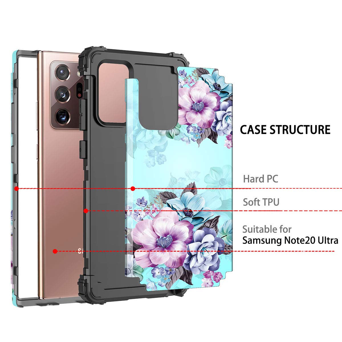 Casetego Compatible with Galaxy Note 20 Ultra Case,Floral Three Layer Heavy Duty Hybrid Sturdy Shockproof Full Body Protective Cover Case for Samsung Galaxy Note 20 Ultra 6.9 inch,Blue Flower