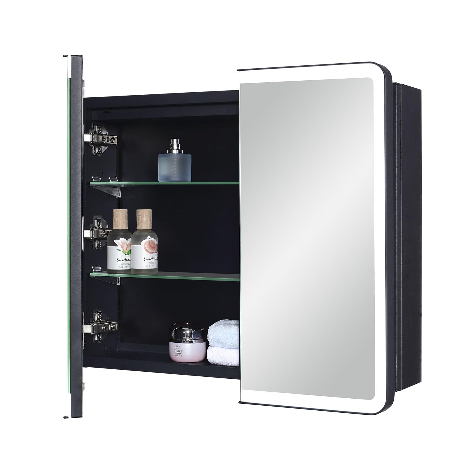 IDYLLOR LED Bathroom Medicine Cabinet with Round Corner Framed Mirror Door 22 x 20 inch, Recessed or Surface Mount, with Adjustable Glass Shelves Shelves