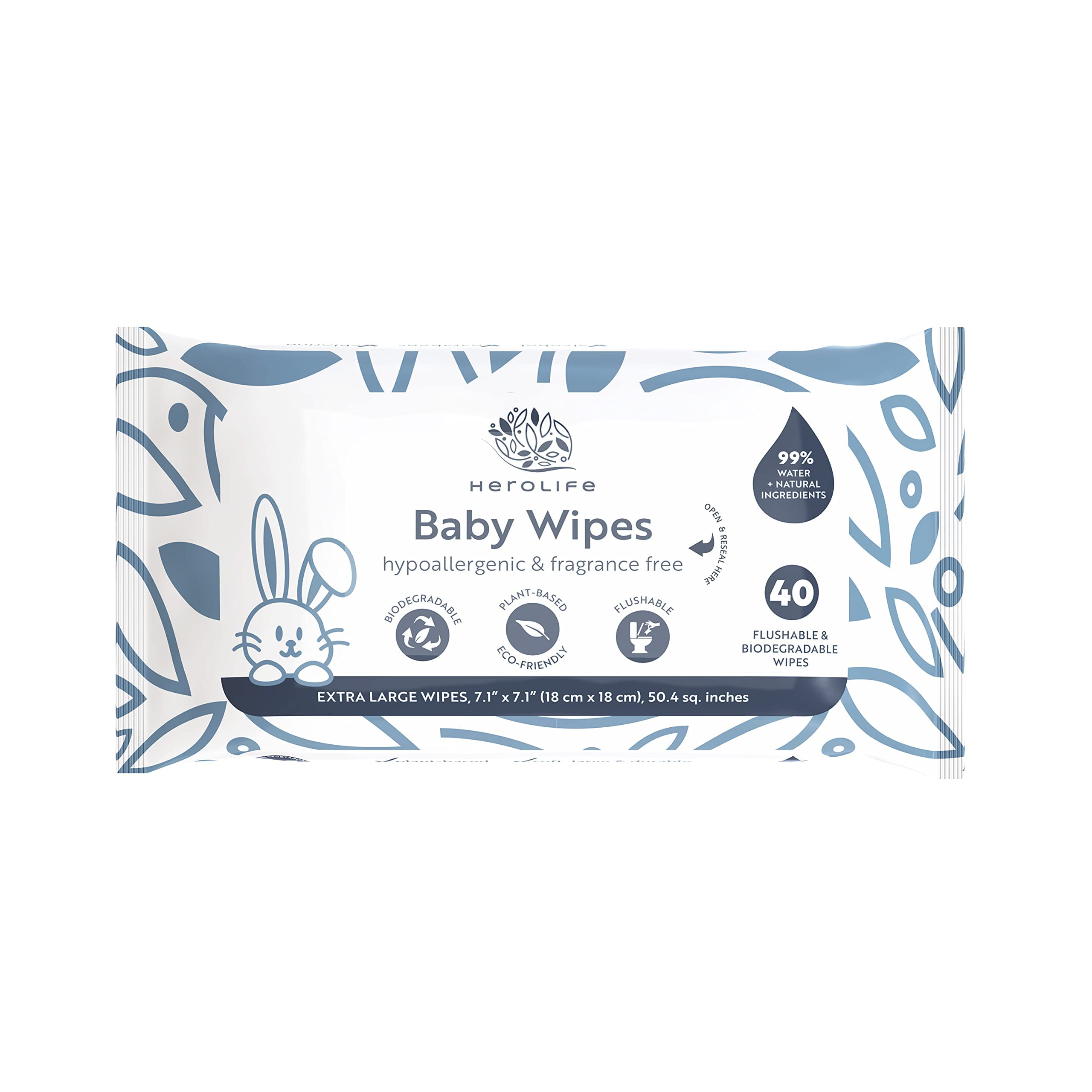 HEROLIFE Flushable & Biodegradable Baby Wipes, PlantBased, Hypoallergenic & FragranceFree, formulated with 99% water and plantderived ingredients ExtraLarge size 7.1β x 7.1β 3 packs of 40 wipes