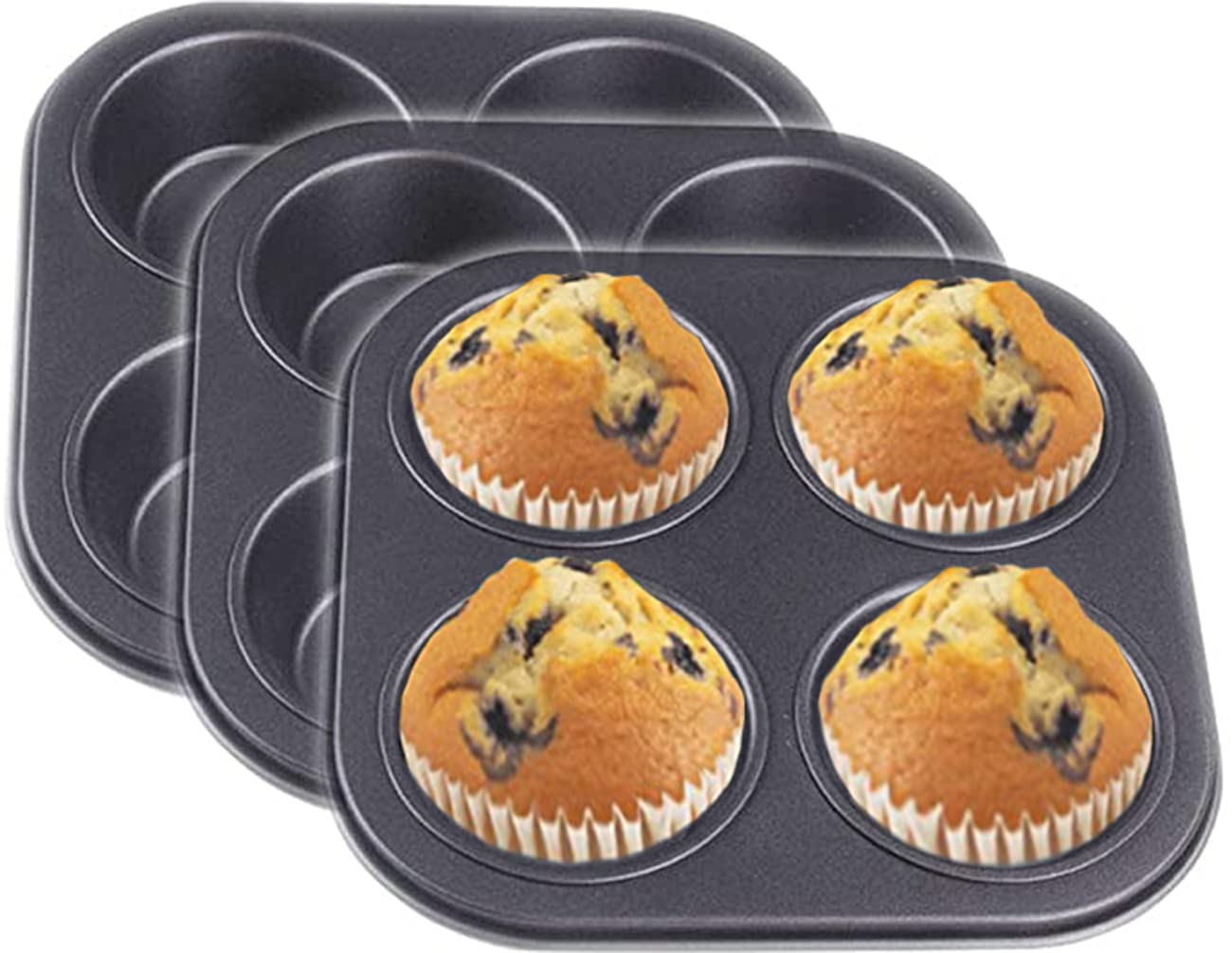 CZ-XING Cupcake Bakeware Pan and Muffin Cake Pan，4 Cup/Non Stick Carbon Steel Cupcake Baking Pan Quick Release Coating Oven Cake Tray Molds (Black 3Pcs)