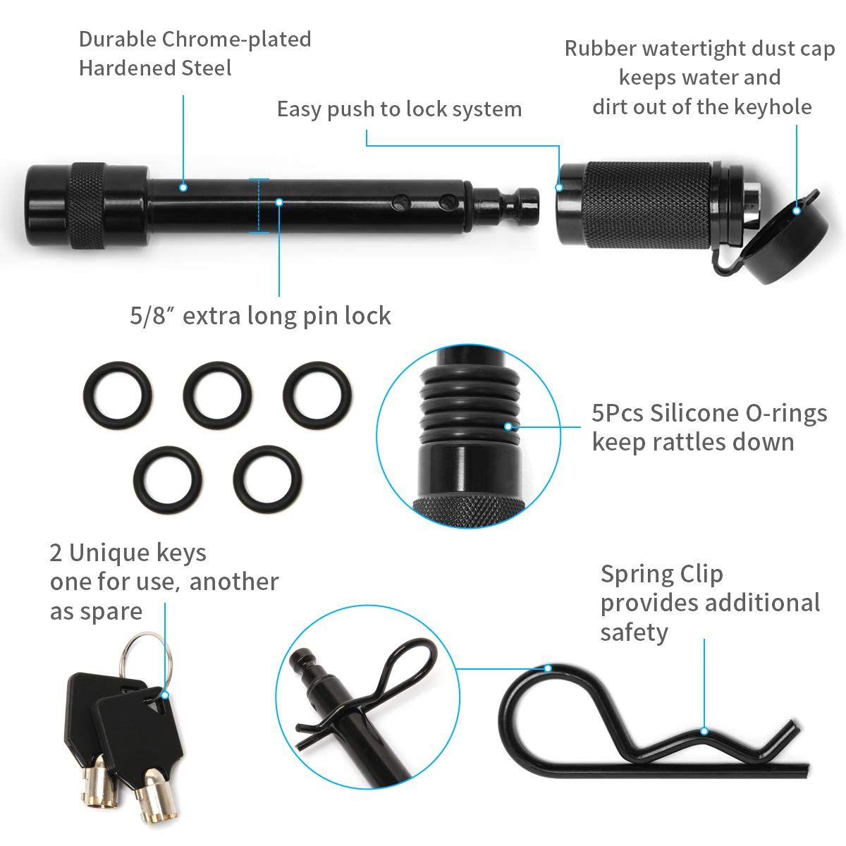 Coitak Trailer Hitch Lock Pin Set, 5/8" Black Tow Hitch Receiver Lock with Anti-Rattle, Extra-Long Locking Hitch Pin with Heavy Duty (5/8" Hitch Lock)