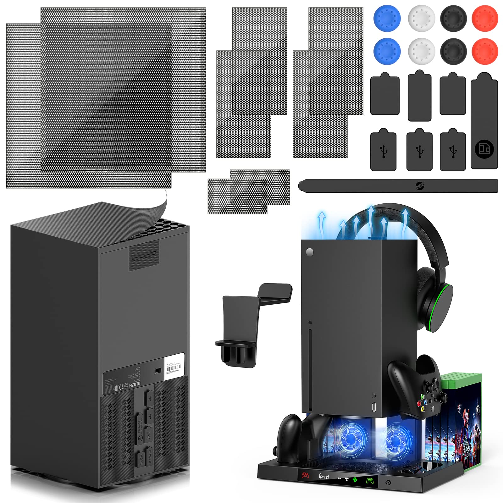 Cooling Stand for Xbox Series X with 2 Pack Dust Filter Cover and Rubber Dust Plugs and Joystick Thumb Grips