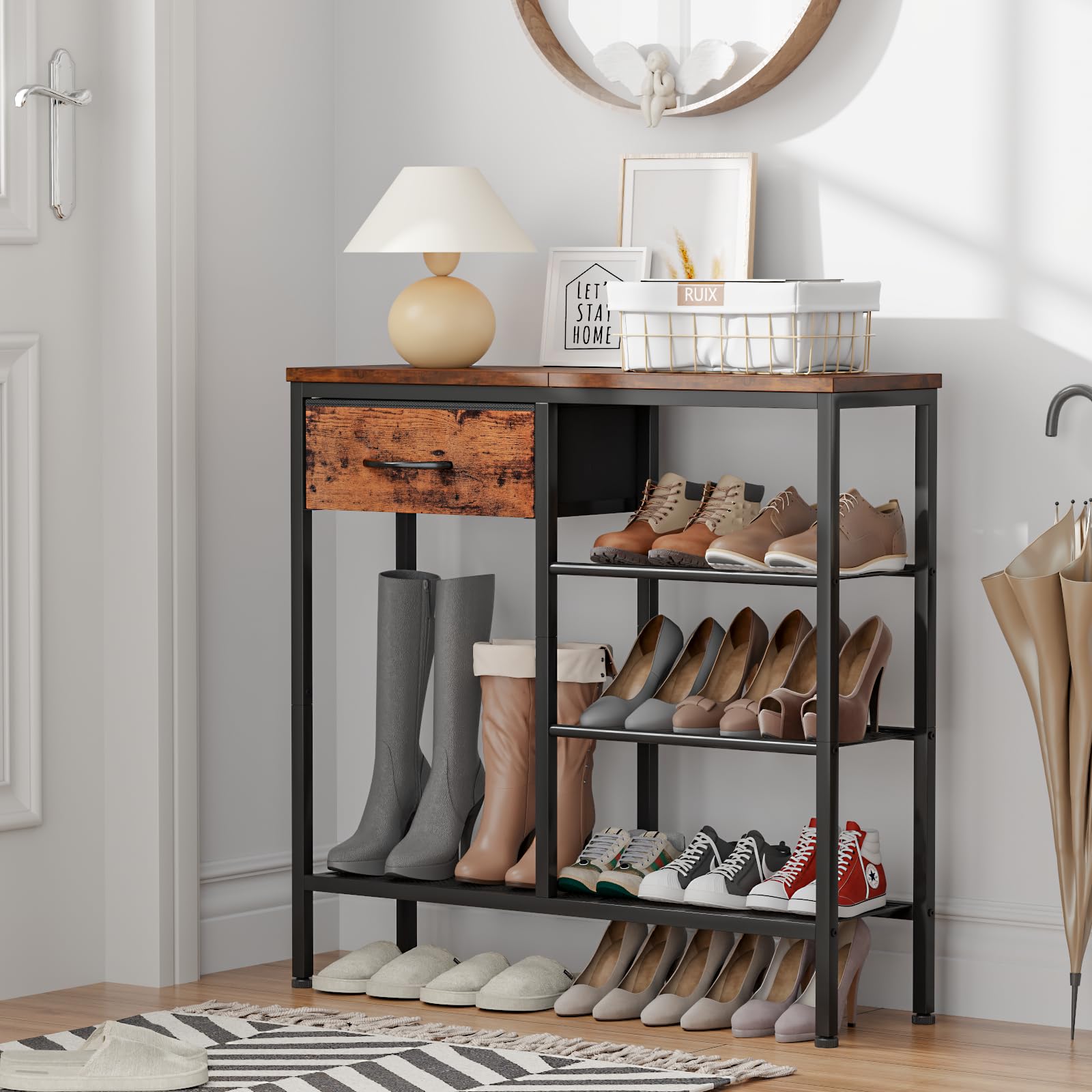 Furnulem Entryway Table Industrial 31.5" Sofa Console Table with Metal Mesh Shelf,Storage Fabric Drawer 4-Tier Shoe Rack Side Table for Front Door,Foyer-Wooden Top and Sturdy Steel Frame,Rustic Brown