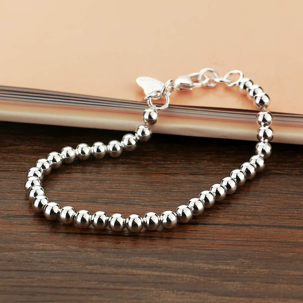 Dankadi New Women's 925 Sterling Silver Bracelet Minimalist 4-6MM Round Bead Chain Solid Silver Bracelet Charm Jewelry Lobster Claw Clasp (Silver 4mm16cm)